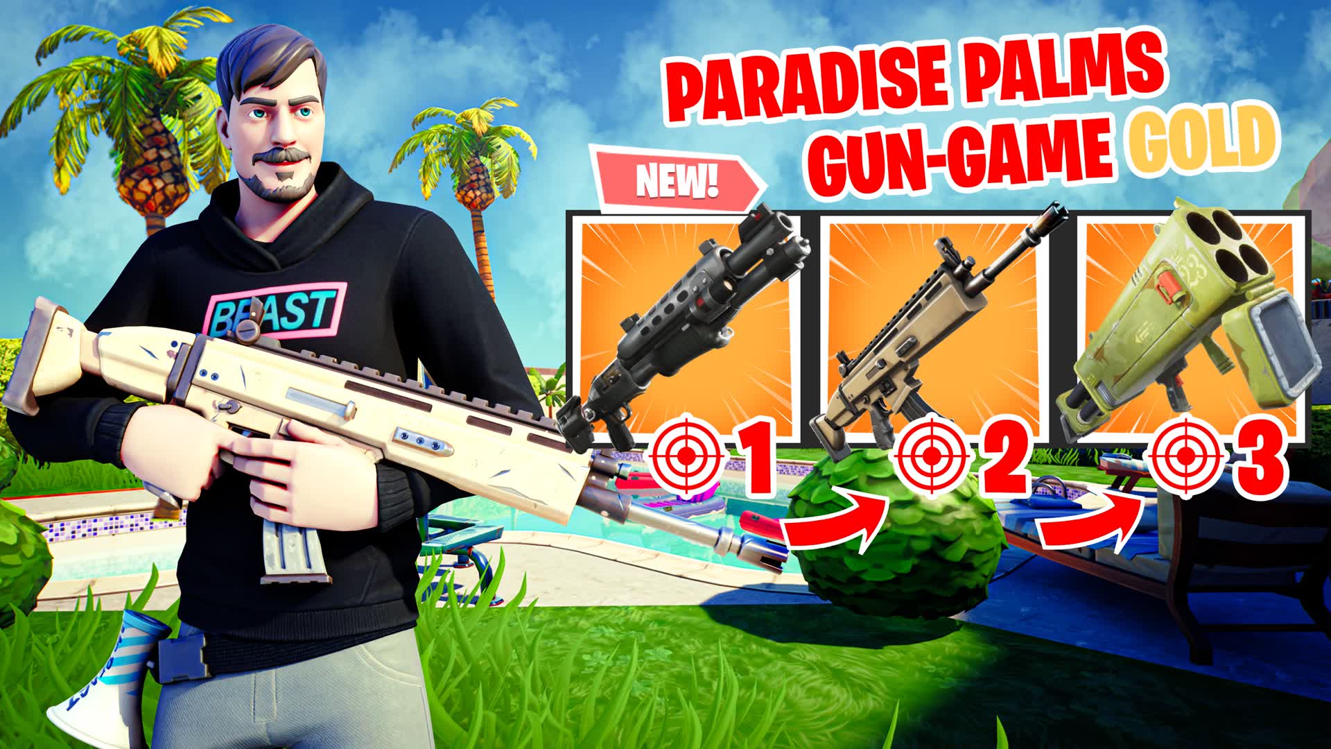 PARADISE PALMS GUN GAME GOLD [ pouch007 ] – Fortnite Creative Map Code