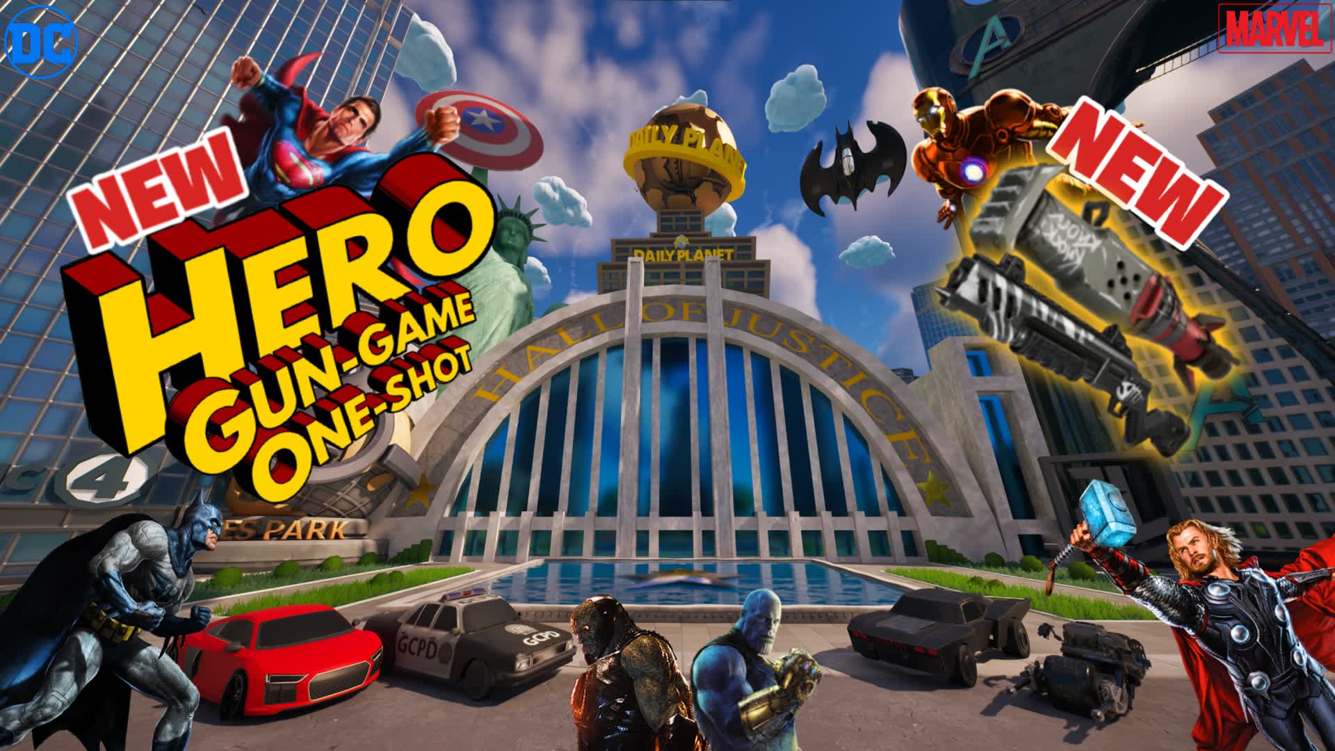 🦸‍♂️ HERO CITY 🏙️ One Shot 🎯 Gun Game [ zernacreations ] – Fortnite Creative Map Code