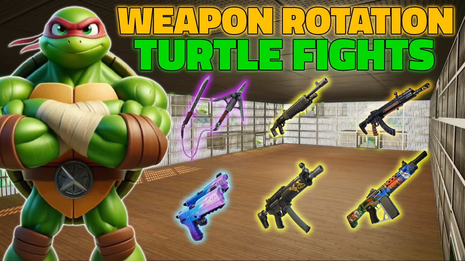 WEAPON ROTATION TURTLE FIGHTS [ fr0zecreate ] – Fortnite Creative Map Code